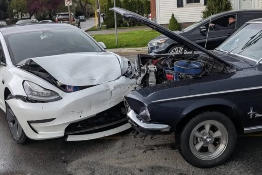Tesla driver charged after head-on crash destroyed a 1968 Ford Mustang ...