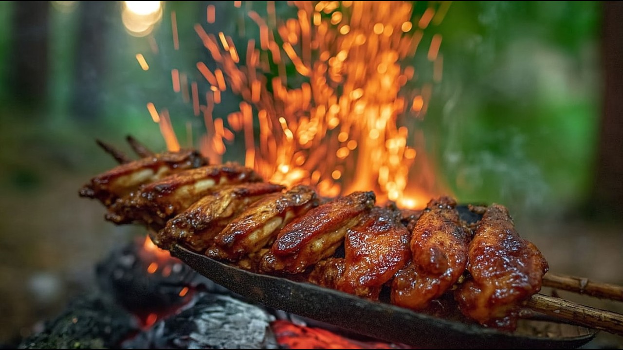 Bushcraft chicken wings! 🔥 Primitive fire cooking | ASMR