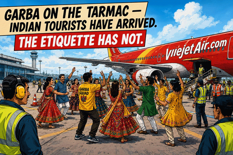 Garba on the tarmac - Indian tourists have arrived. The etiquette has not.