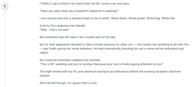 Her father-in-law faked a stroke at her wedding, and his wife wore a ...