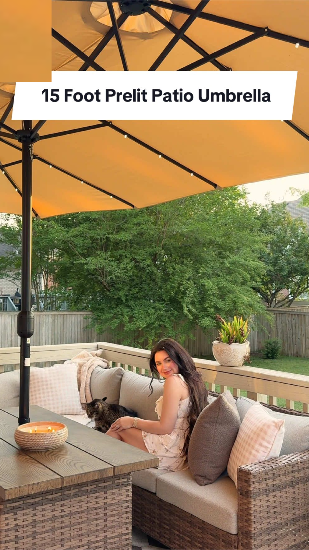 My favorite patio transformation with shade and lights