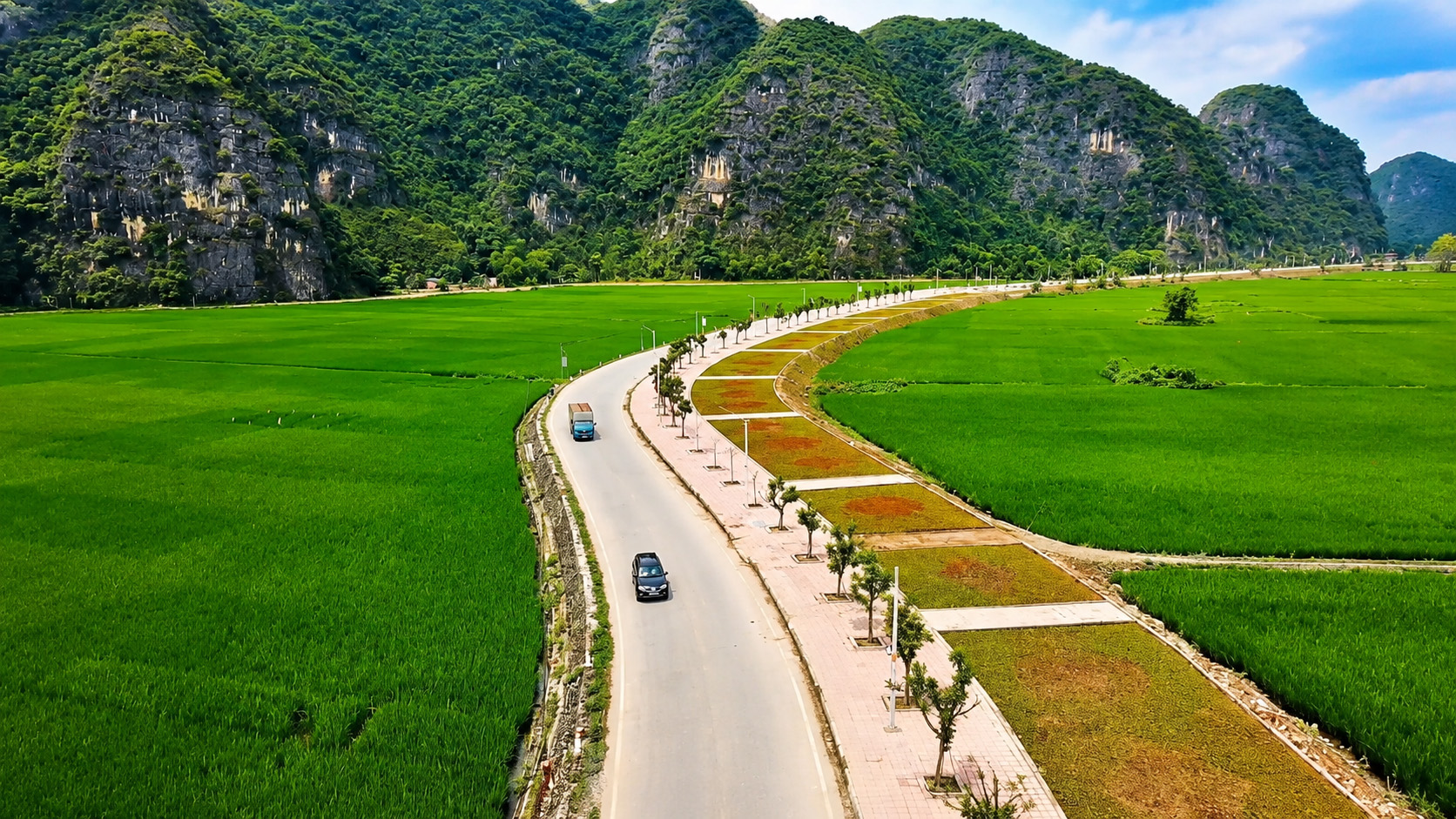 A hidden road cutting through Tam Coc’s green rice fields