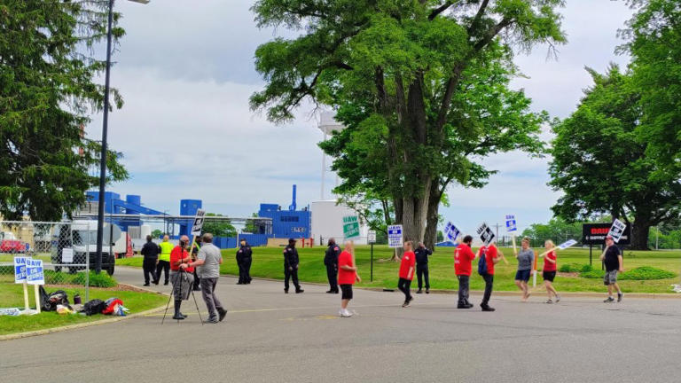 Striking UAW members picket outside axle plant in Three Rivers