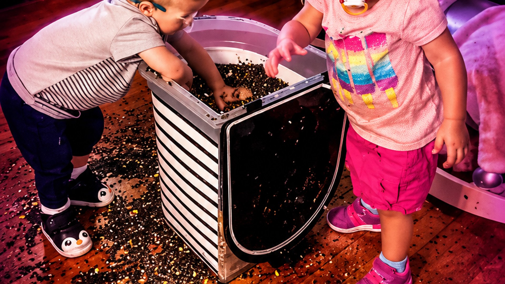 Young siblings create chaos with bird seeds while left alone