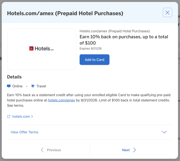 New Amex offers: Earn 10% back or 10X points on prepaid Hotels.com ...