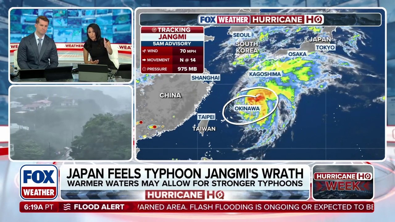 Tropical storm Jangmi charges toward Japan with lashing winds, heavy rain