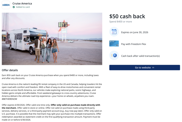 New Chase offer: Get $50 back on RV rentals at Cruise America [Targeted]