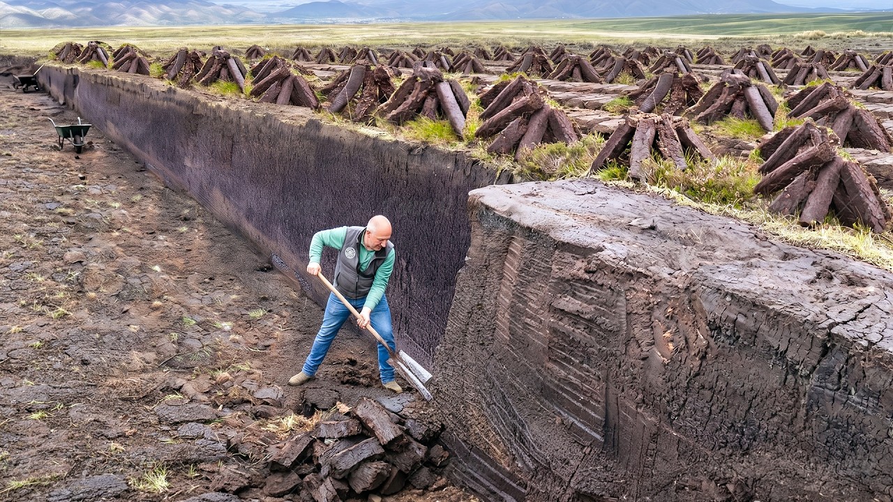 Inside massive village bog cutting tons of ancient turf for fuel