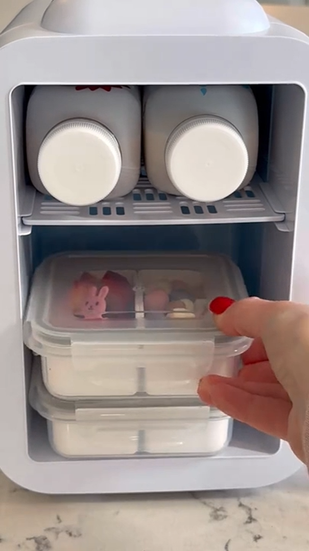 Mini fridge makeover restocking with nutritious oats