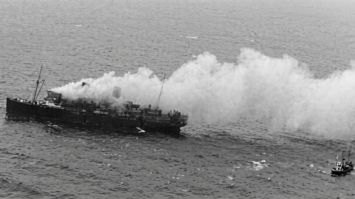 This ship drifted in flames as death spread across the decks