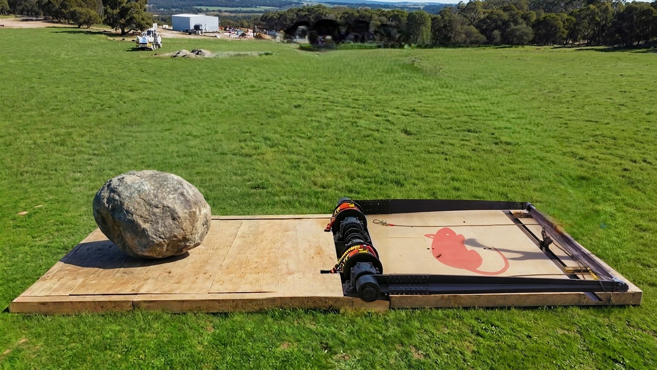 Watch what happens when a boulder gets hit by the world's largest mousetrap