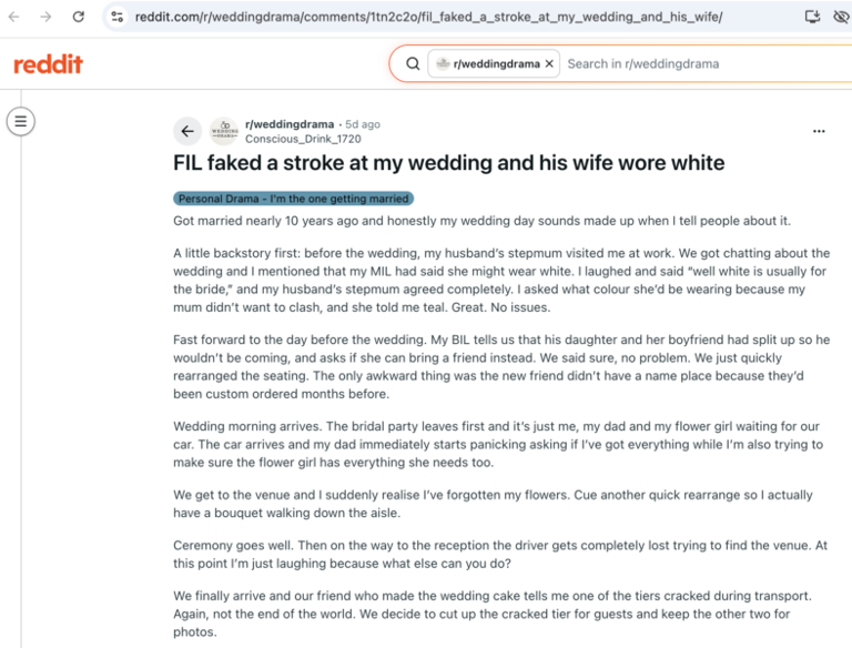 Her father-in-law faked a stroke at her wedding, and his wife wore a ...