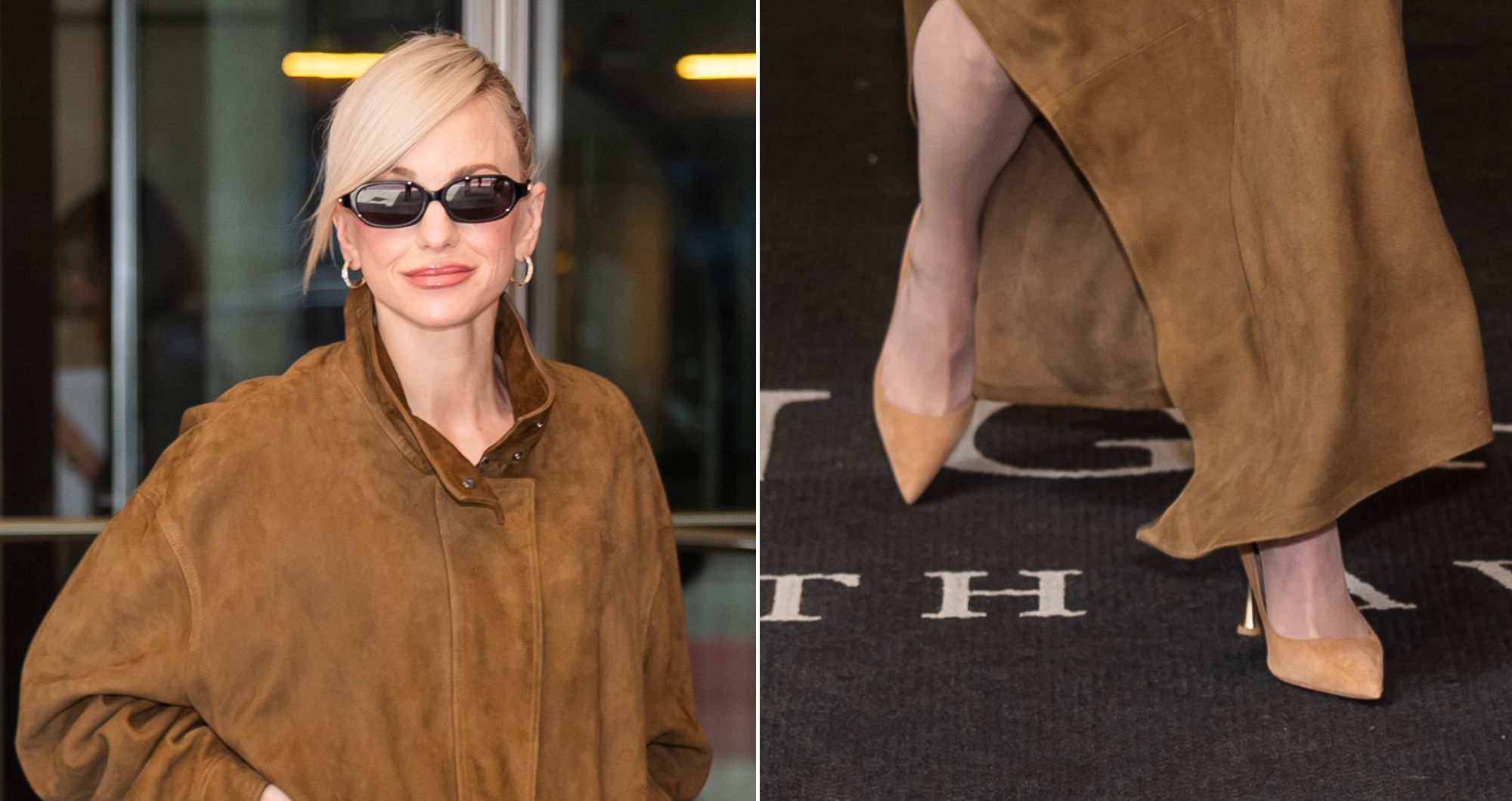 Anna Faris gives monochromatic suede a metallic heel twist