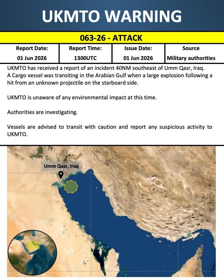 Cargo ship struck by 'unknown projectile' along Iran, Kuwait border in ...