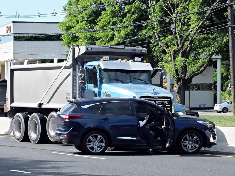 Dump truck smashes car on Route 208 in Fair Lawn