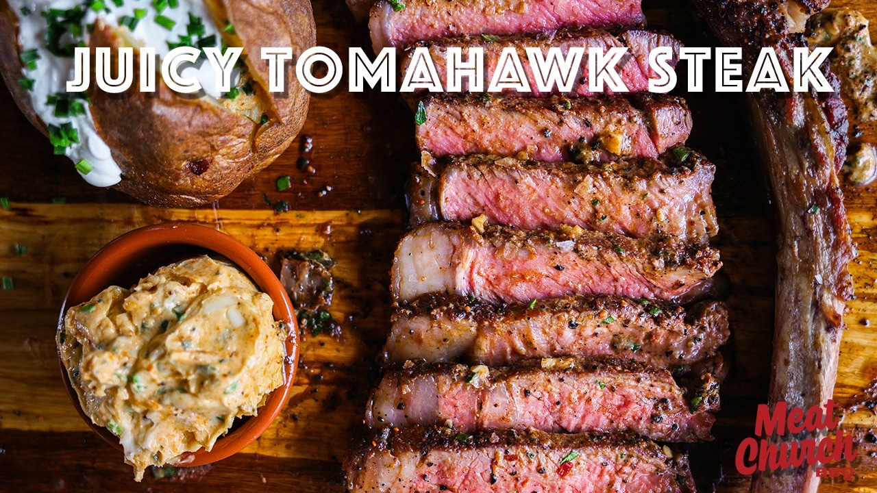 Grill tomahawk steak topped with rich cowboy butter sauce