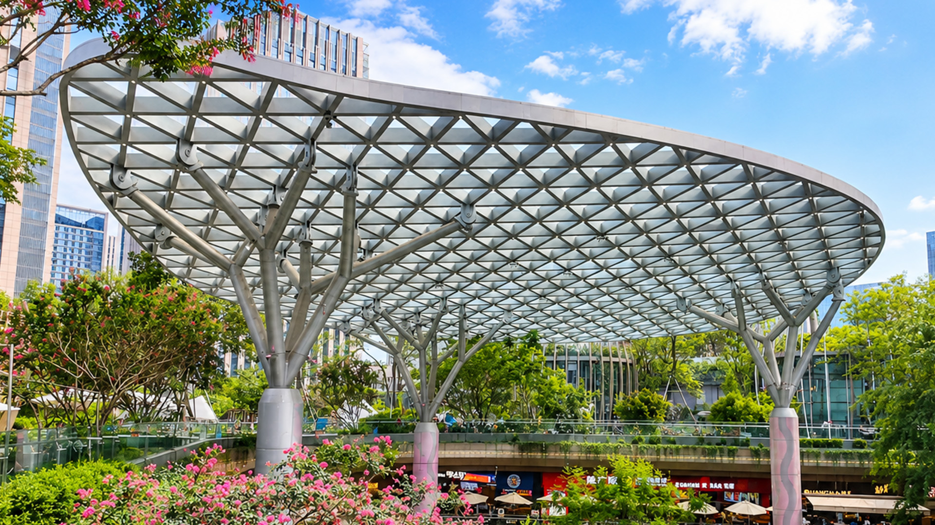 This modern canopy creates a unique public gathering space