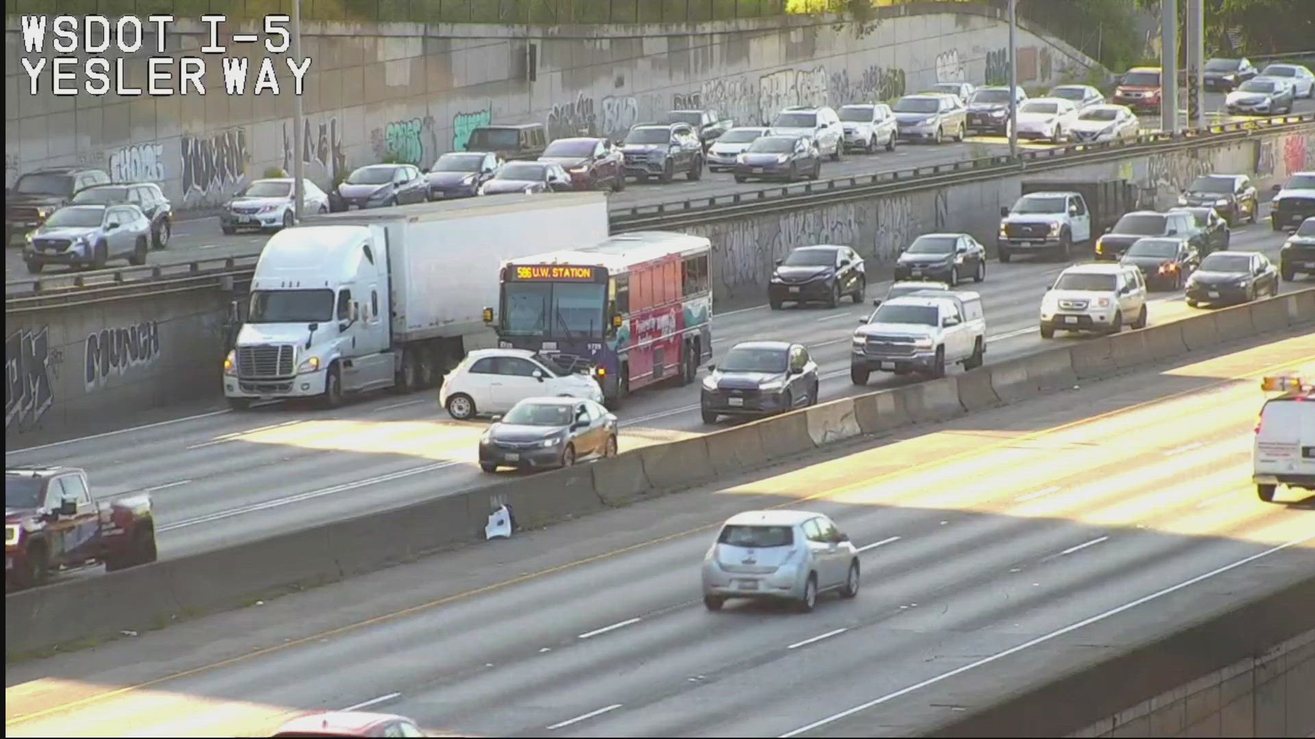 Car and bus accident slowing traffic on I-5 in Seattle