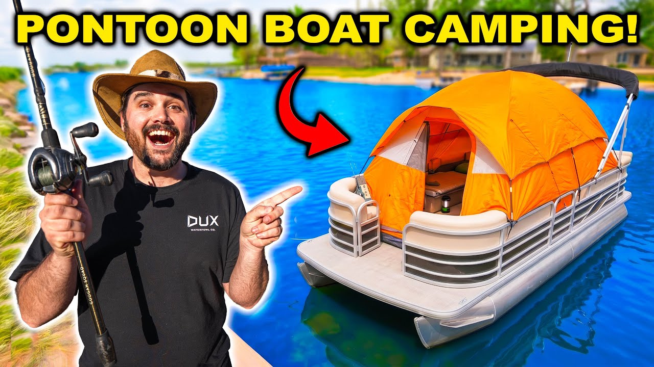 Overnight camping on new pontoon boat challenge! (Catch clean cook)