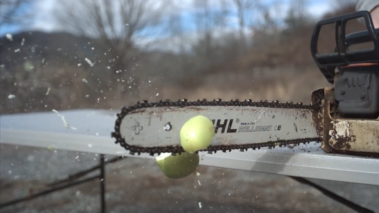 This is what happens when a chainsaw meets fruit at high speed