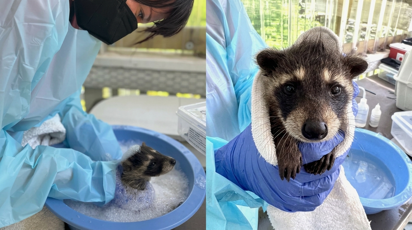 Baby raccoon discovered in chimney gets an unexpected bubble bath