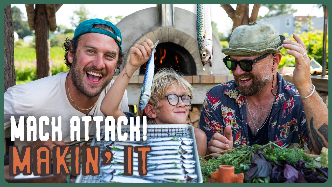 Roast fresh mackerel inside a rustic outdoor pizza oven
