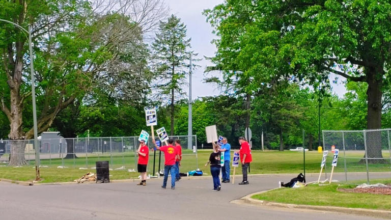 Striking UAW members picket outside axle plant in Three Rivers