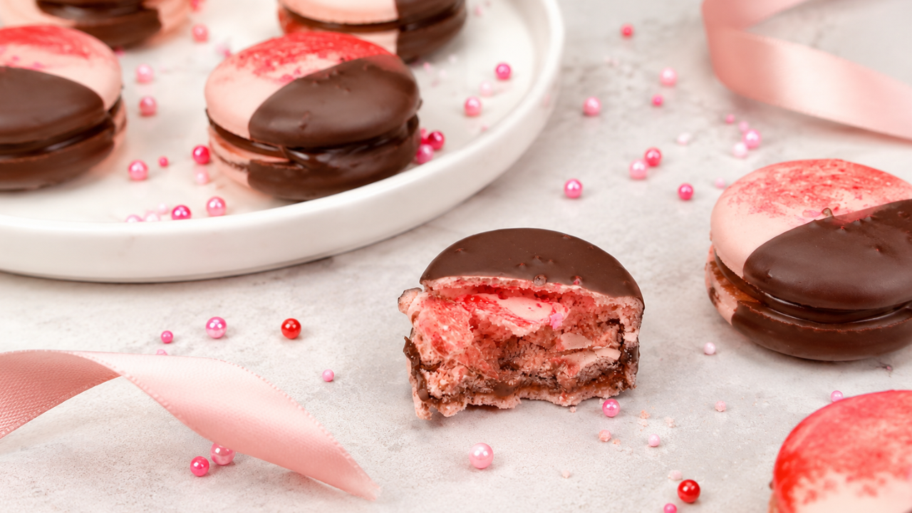 Chocolate dipped strawberry macarons