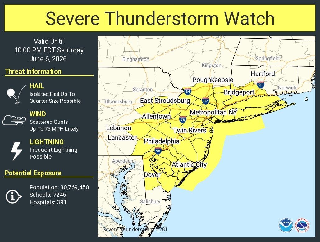 Update: Severe thunderstorm watch in effect for North Jersey Saturday