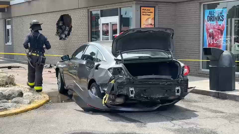 Vehicle goes airborne, crashes into side of Bronx McDonald's