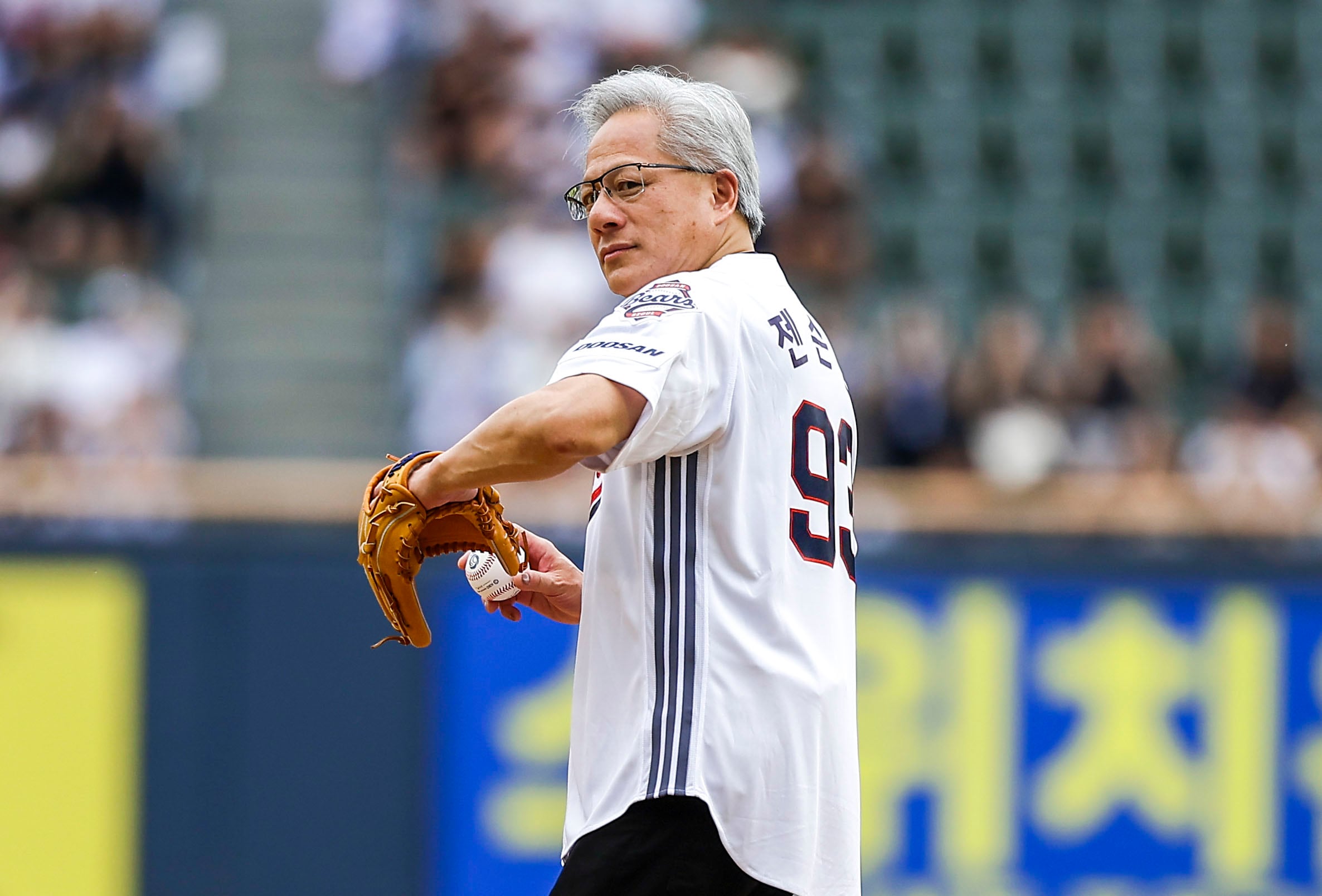 NVIDIA CEO Huang's KBO debut in 93 uniform