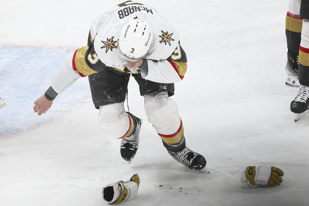 After taking puck to face, Knights’ defenseman makes game-time decision ...