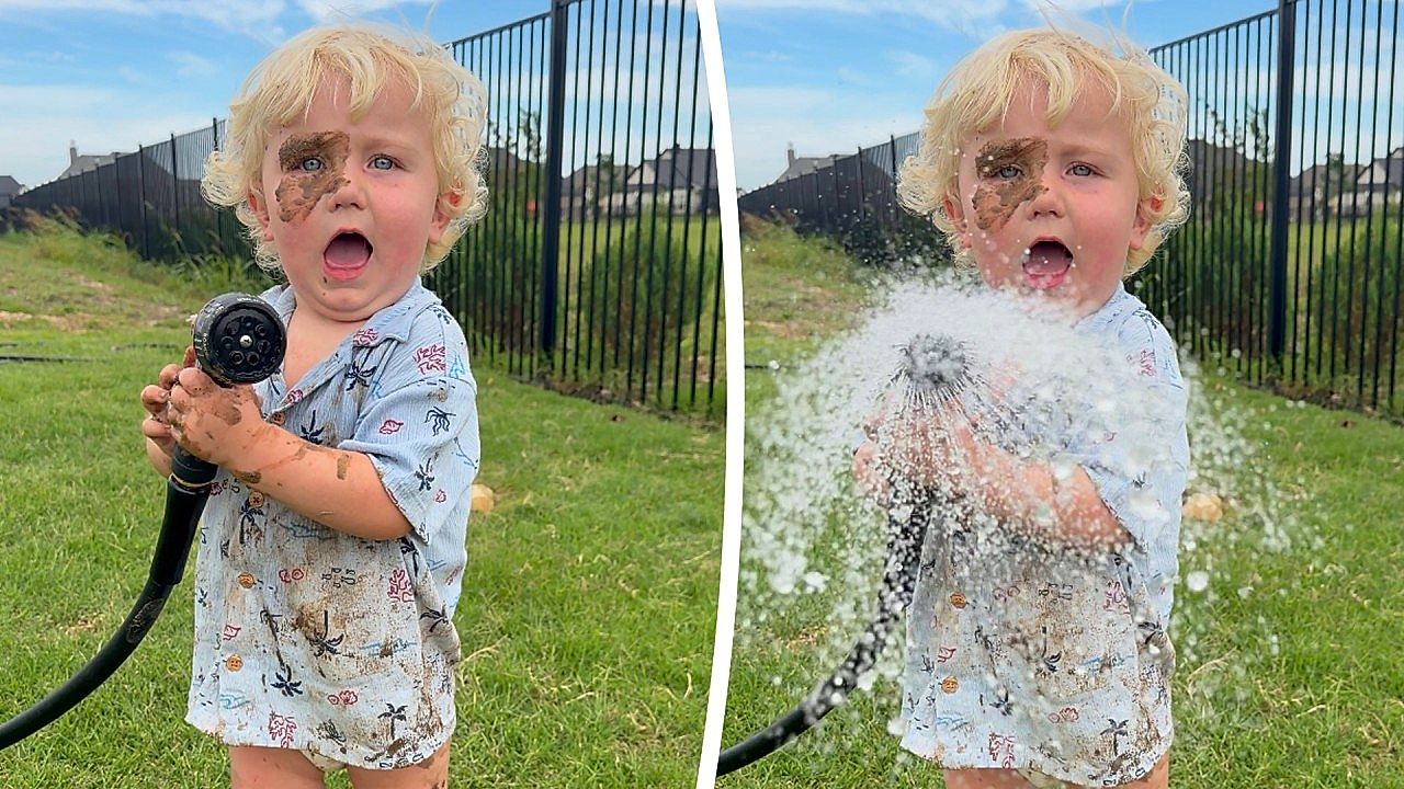 Mom says "cheese" for photo, toddler sprays her with hose
