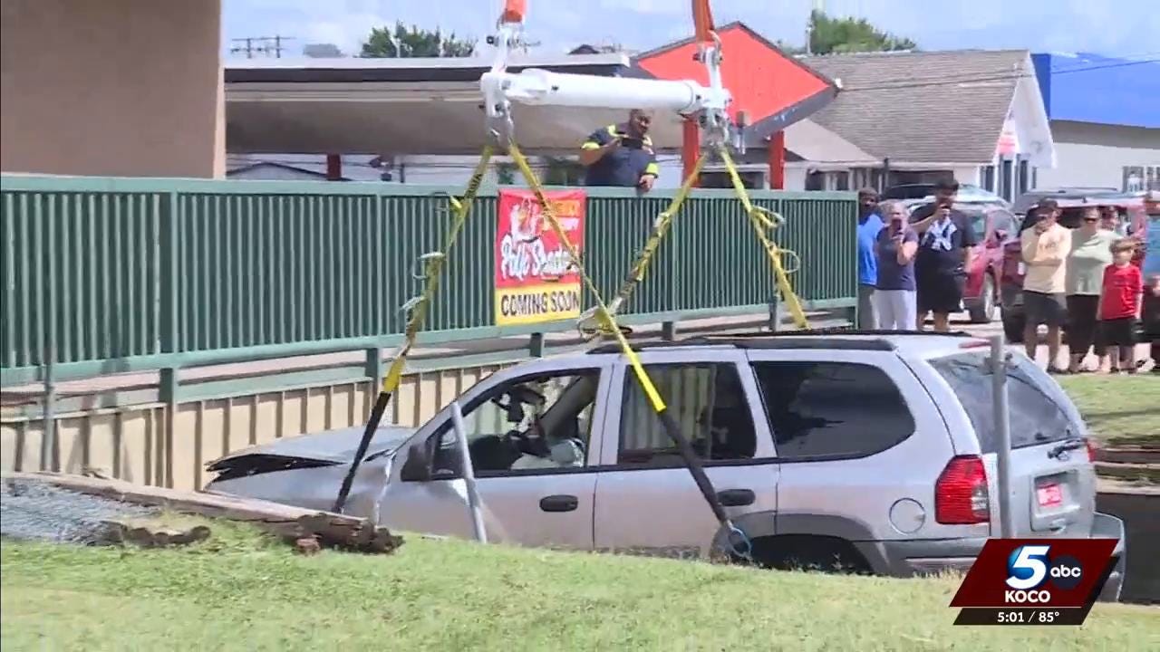 Two people hospitalized after wreck sends vehicle into 20-foot drainage ...