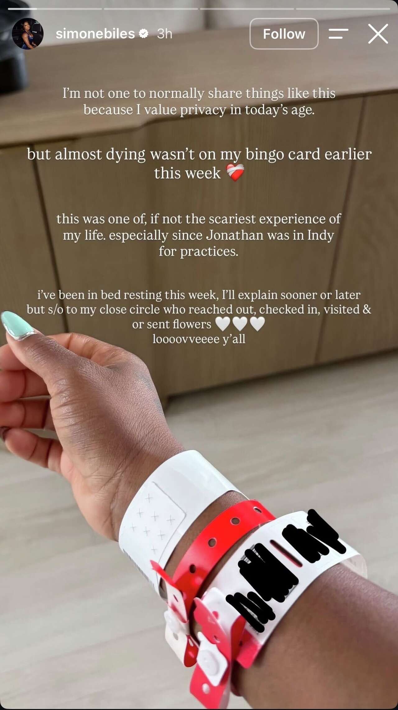 Simone Biles reveals hospitalization photo after 'almost dying'