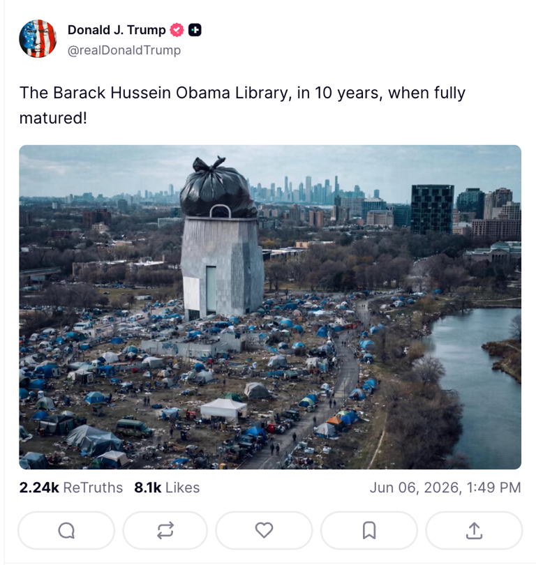 Trump marks D-Day with AI photo portraying Obama library as trash