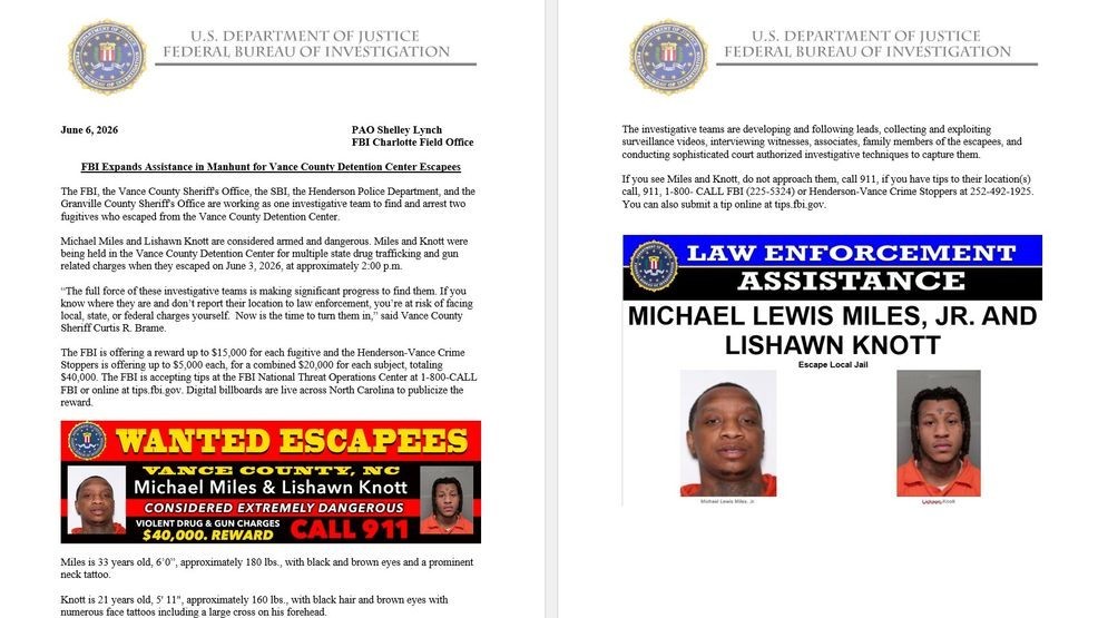 5 agencies join hunt for 2 armed fugitives after Vance County jail escape