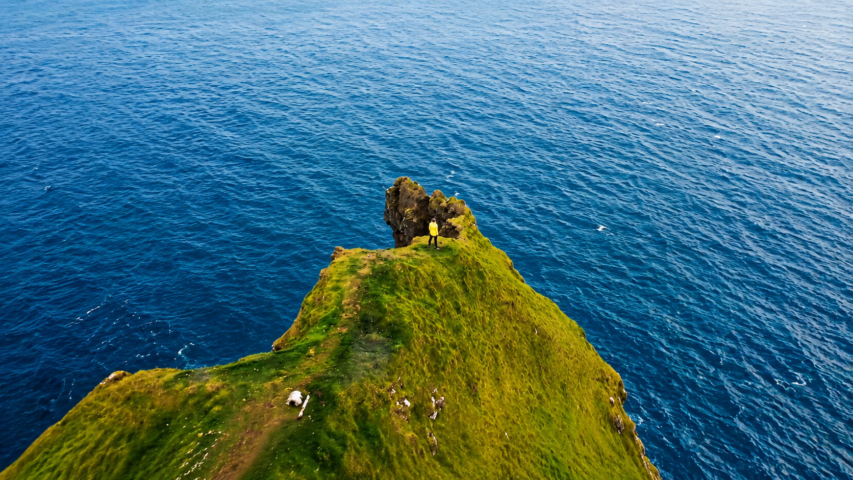 A cliff edge view where the land drops into the endless ocean