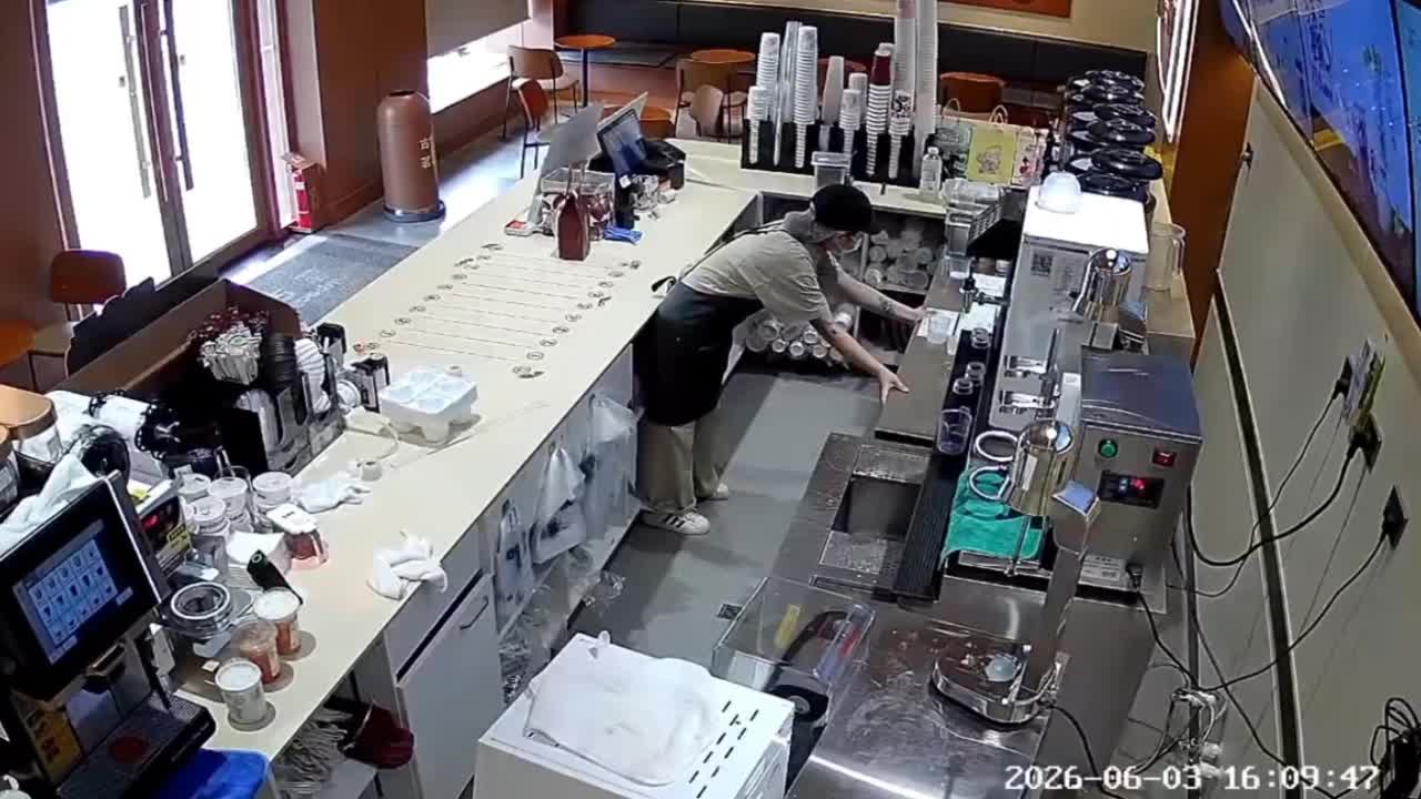 Milk tea equipment stand collapses at shop counter in Hebei, China