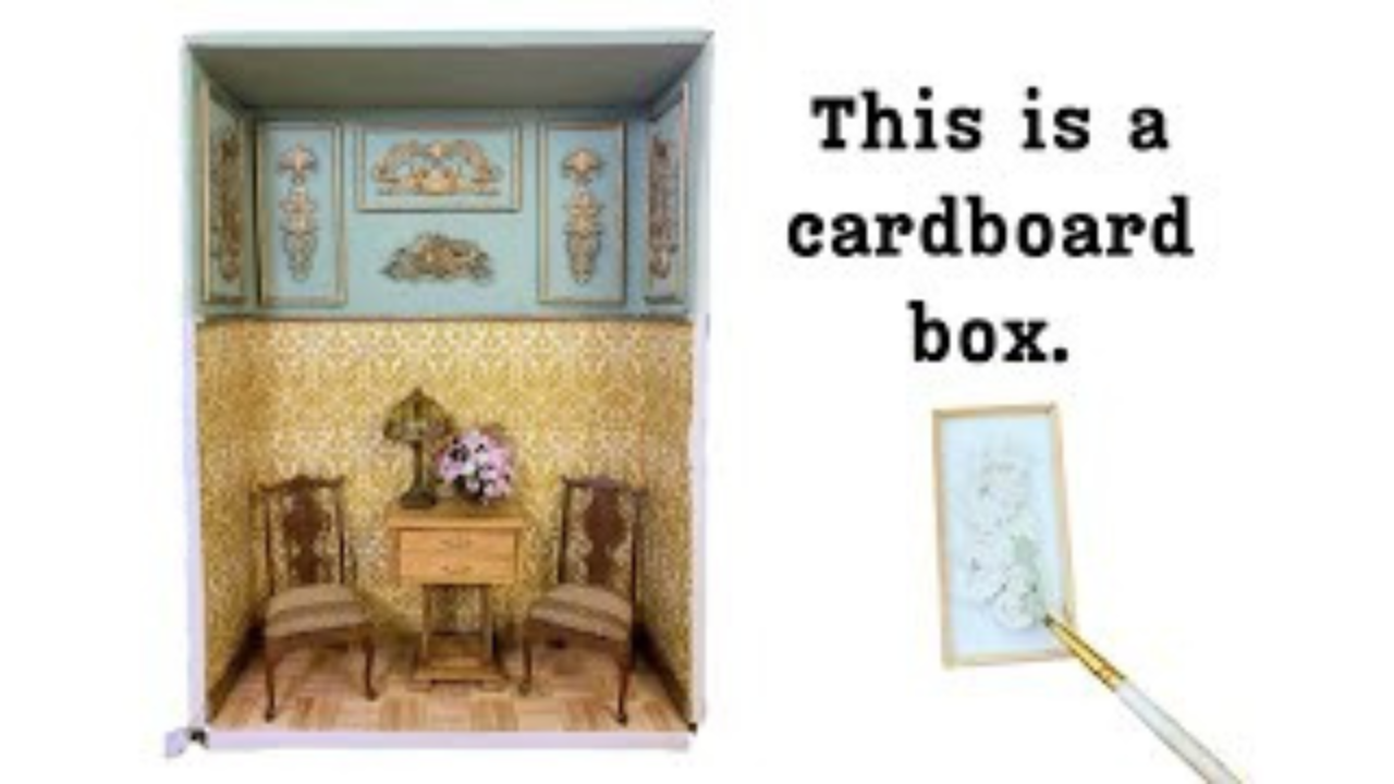 DIY miniature fancy room inside a cardboard box