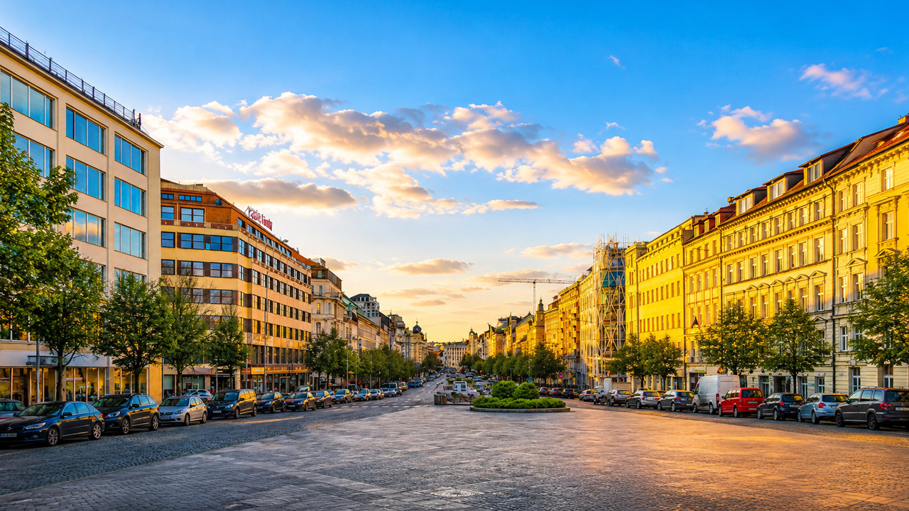 Prague walk with classic buildings and golden sky