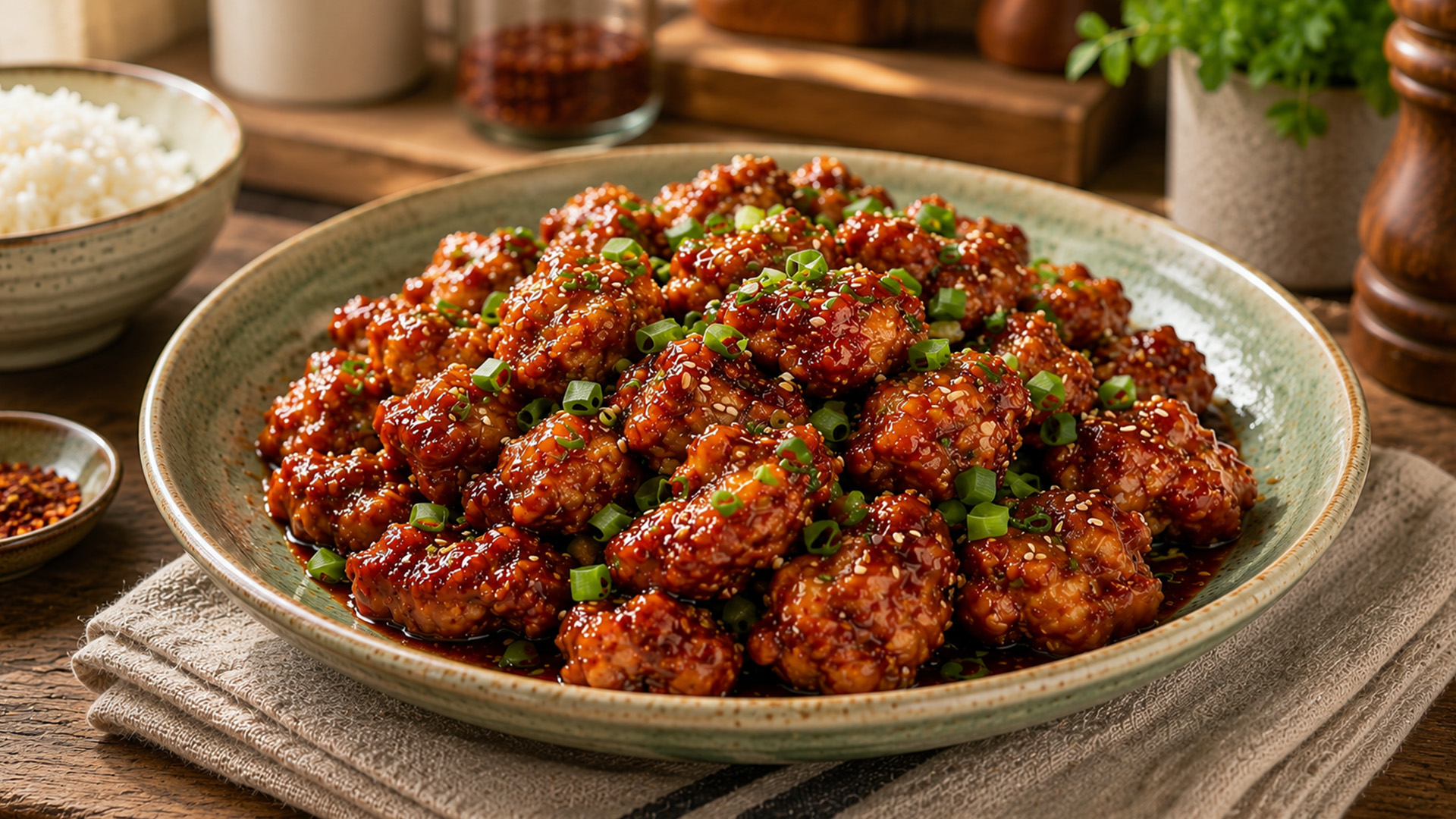 Crispy sesame chicken coated in a sweet honey glaze