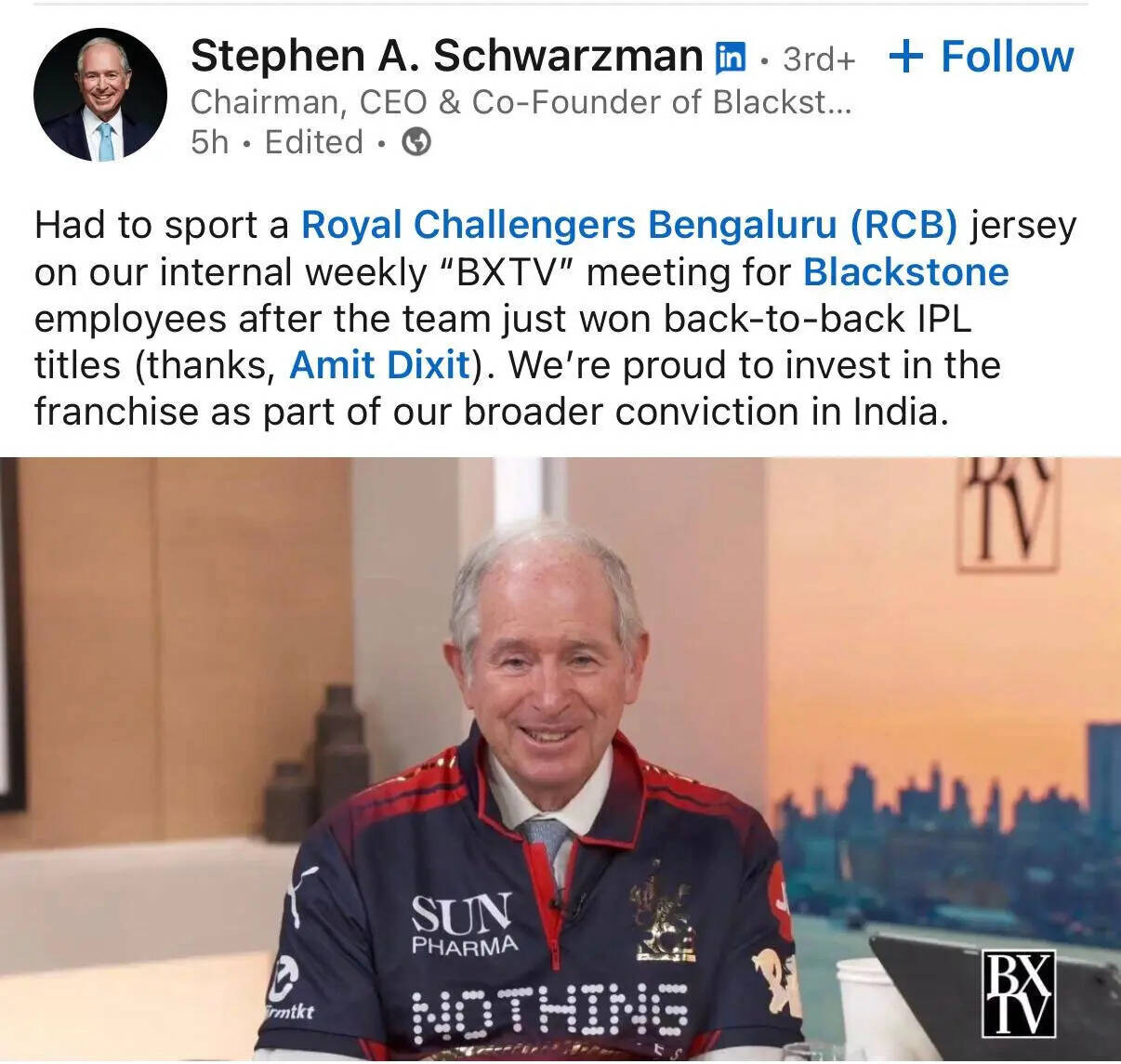 Blackstone CEO Stephen Schwarzman celebrates RCB's IPL success in team ...