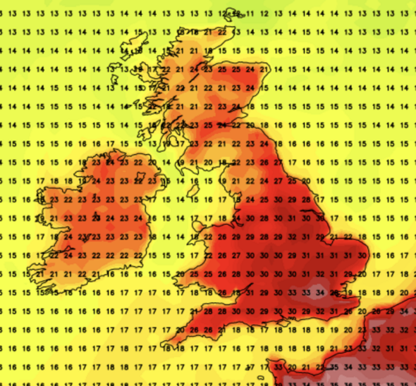 UK weather maps turn red for 34C heat blast with 17 areas above 30C ...