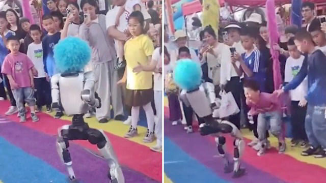 Video shows Chinese robot wearing clown wig kick small child in the stomach