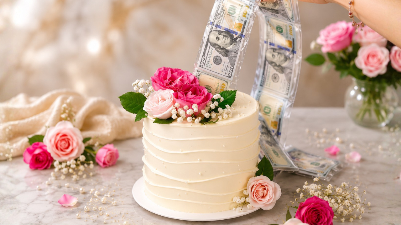 Money pulling cake with floral decoration