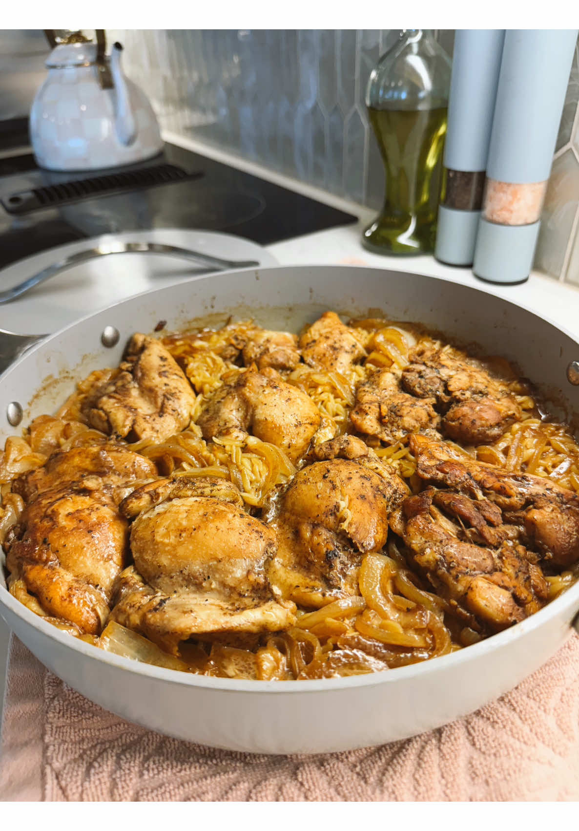 A one pan chicken orzo skillet dinner with sweet caramelized onions ...