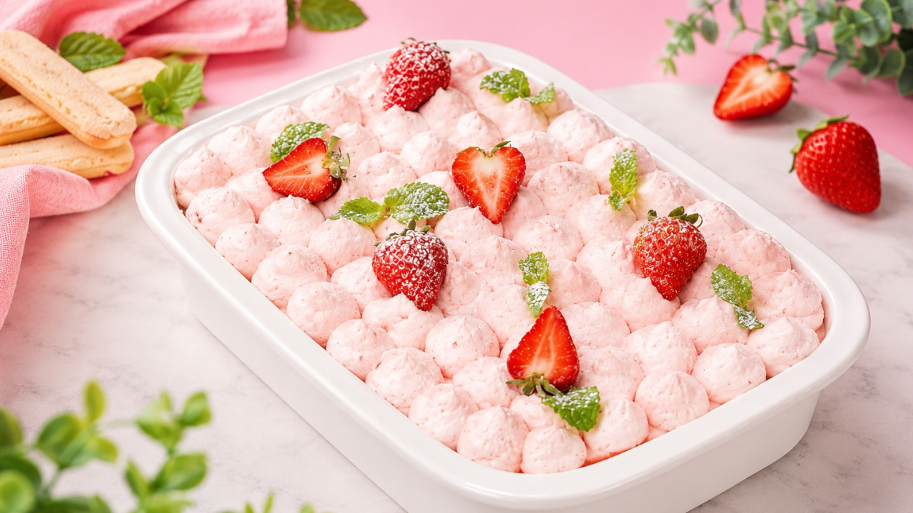 Strawberry cream dessert in baking dish