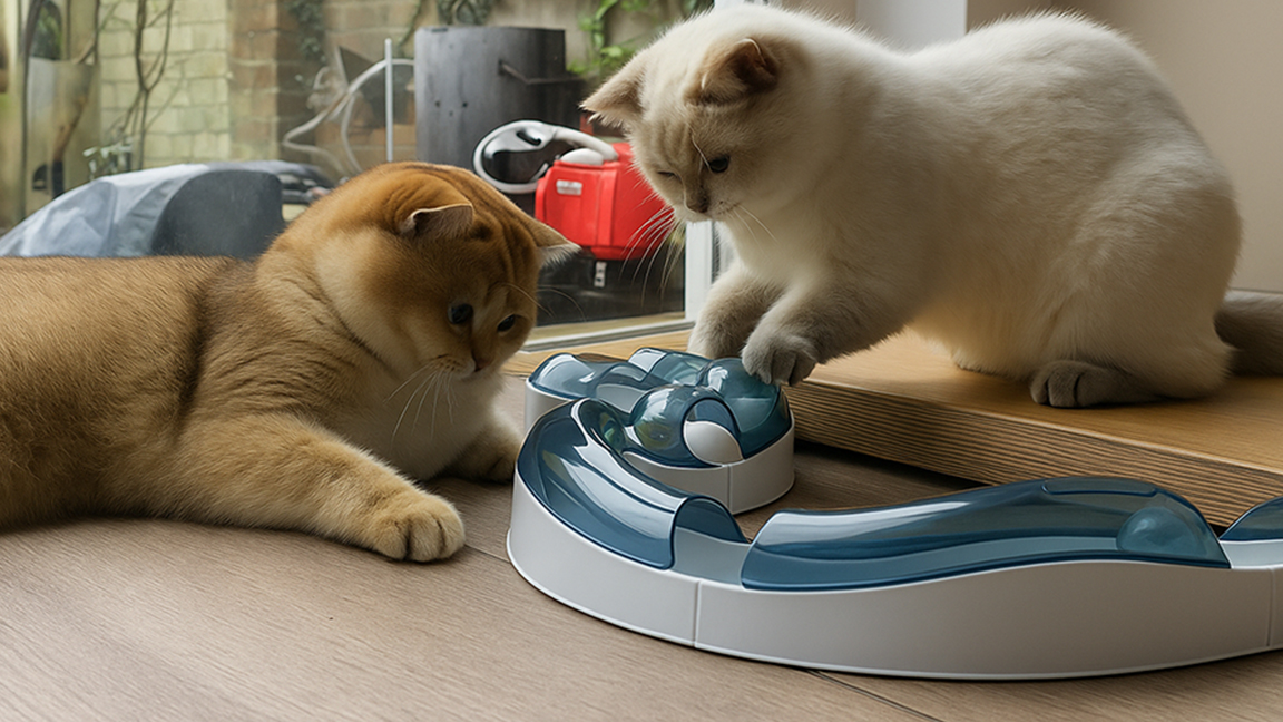 Two cats playing with interactive track toy