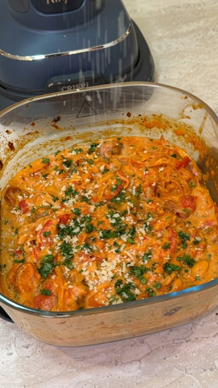 Creamy roasted vegetable pasta cooked in the air fryer